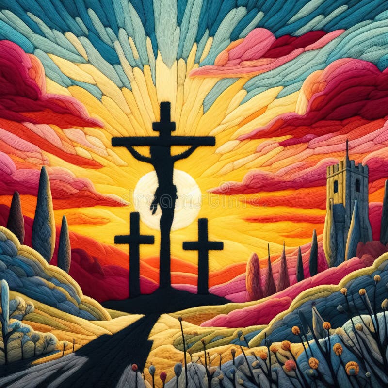 Felt Art Patchwork, View on the Three Crosses on Golgotha at Sunrise ...