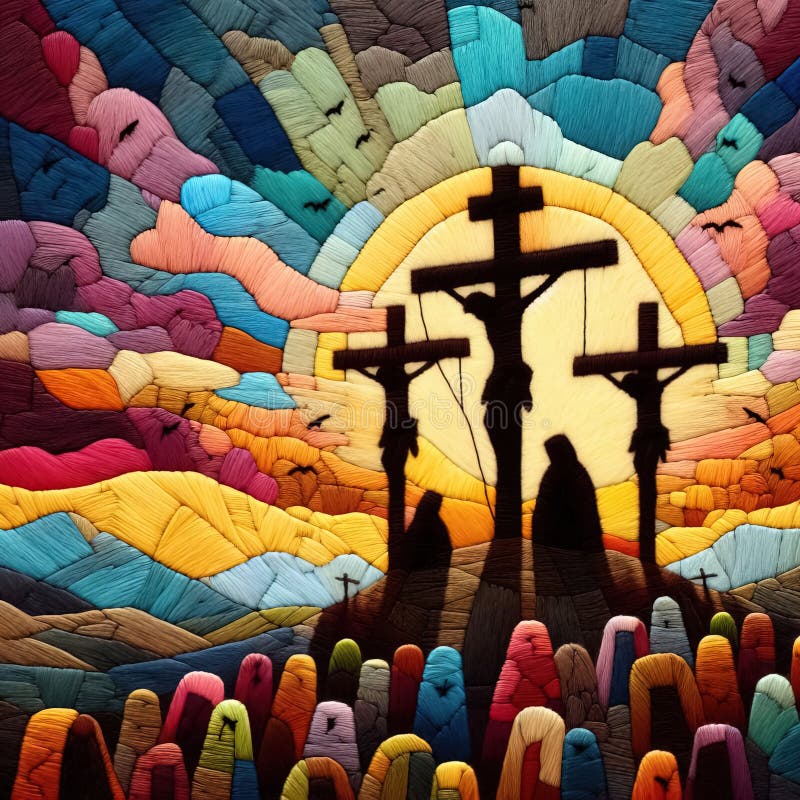 Felt Art Patchwork, View on the Three Crosses on Golgotha at Sunrise ...