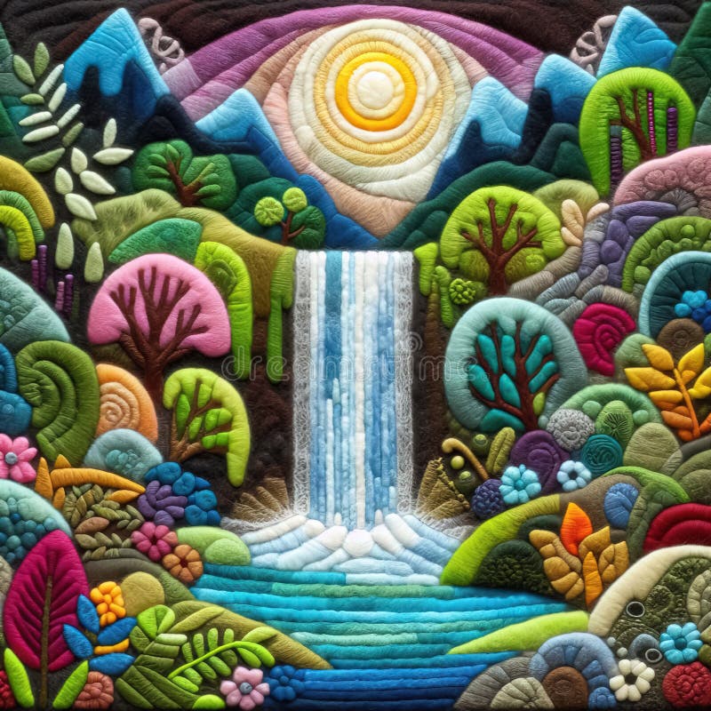 Felt Art Patchwork, Waterfall Surrounded by Lush Vegetation Stock ...