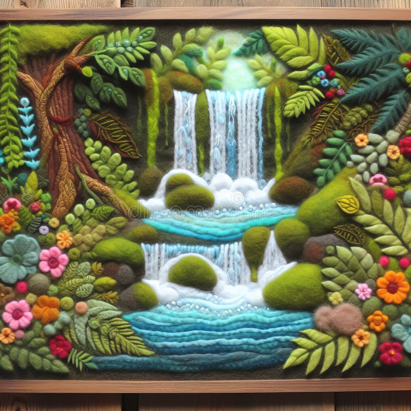 Felt Art Patchwork, Waterfall Surrounded by Lush Vegetation Stock ...