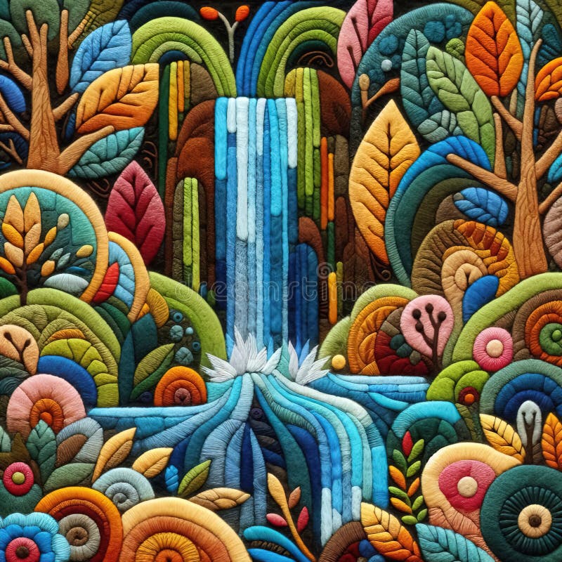 Felt Art Patchwork, Waterfall Surrounded by Lush Vegetation Stock Photo ...