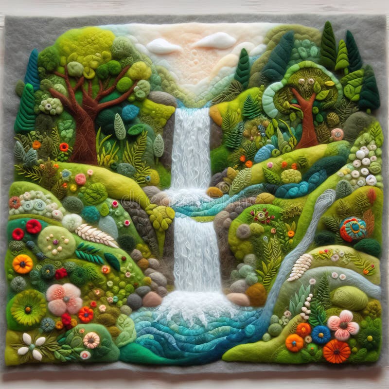 Felt Art Patchwork, Waterfall Surrounded by Lush Vegetation Stock ...