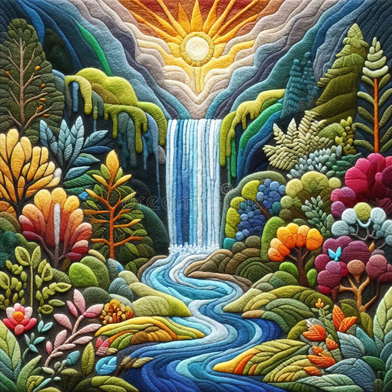 Felt Art Patchwork, Waterfall Surrounded by Lush Vegetation Stock ...