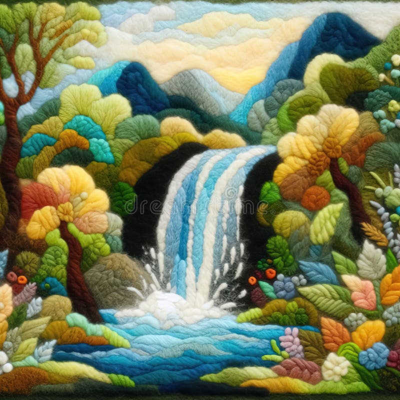 Felt Art Patchwork, Waterfall Surrounded by Lush Vegetation Stock ...
