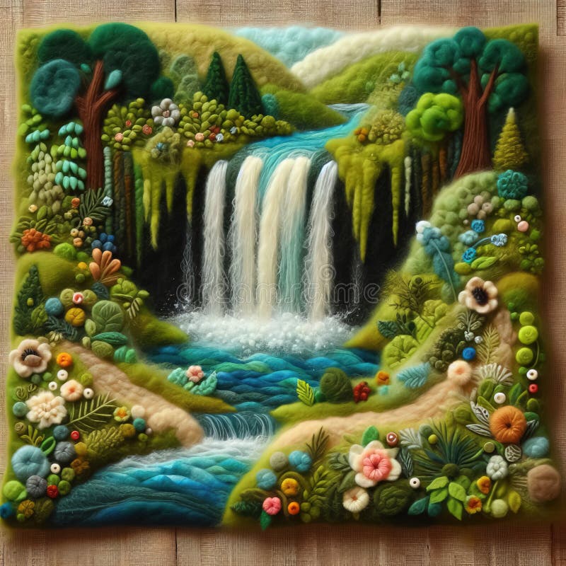Felt Art Patchwork, Waterfall Surrounded by Lush Vegetation Stock ...