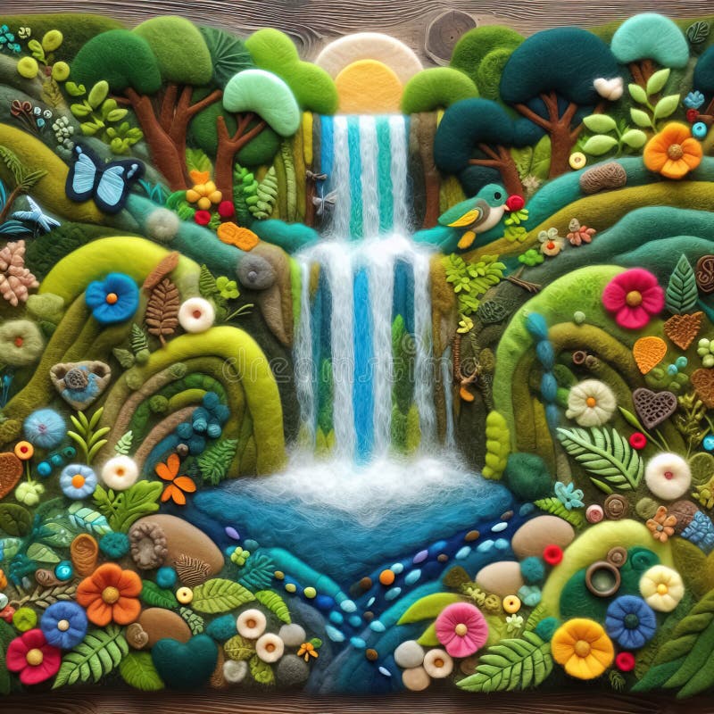 Felt Art Patchwork, Waterfall Surrounded by Lush Vegetation Stock ...