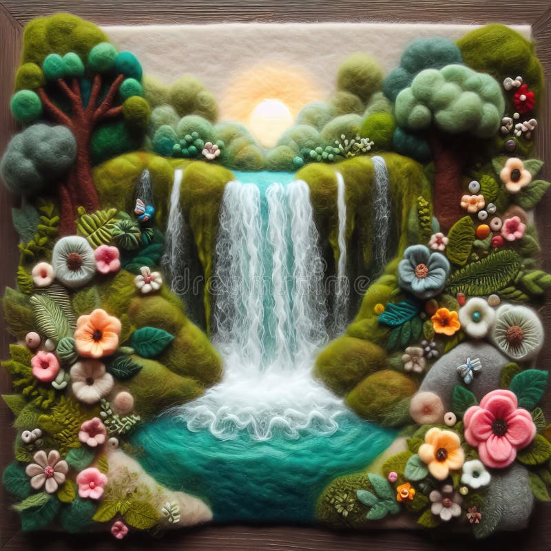Felt Art Patchwork, Waterfall Surrounded by Lush Vegetation Stock ...