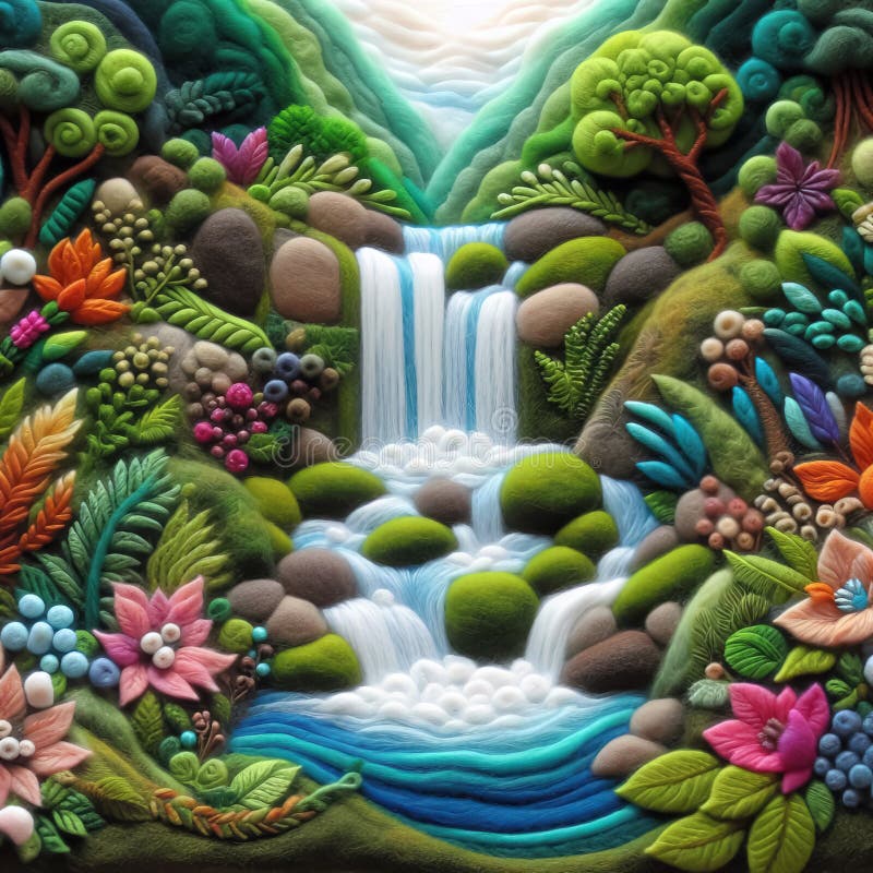 Felt Art Patchwork, Waterfall Surrounded by Lush Vegetation Stock ...