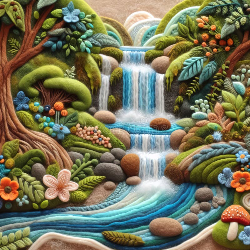 Felt Art Patchwork, Waterfall Surrounded by Lush Vegetation Stock ...