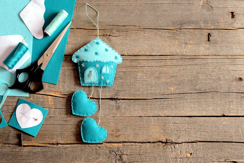 Felt House with Hearts Decor, Tools and Materials for Sewing Crafts ...