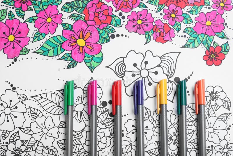 Felt Tip Pens on Antistress Coloring Page, Top View Stock Photo - Image ...