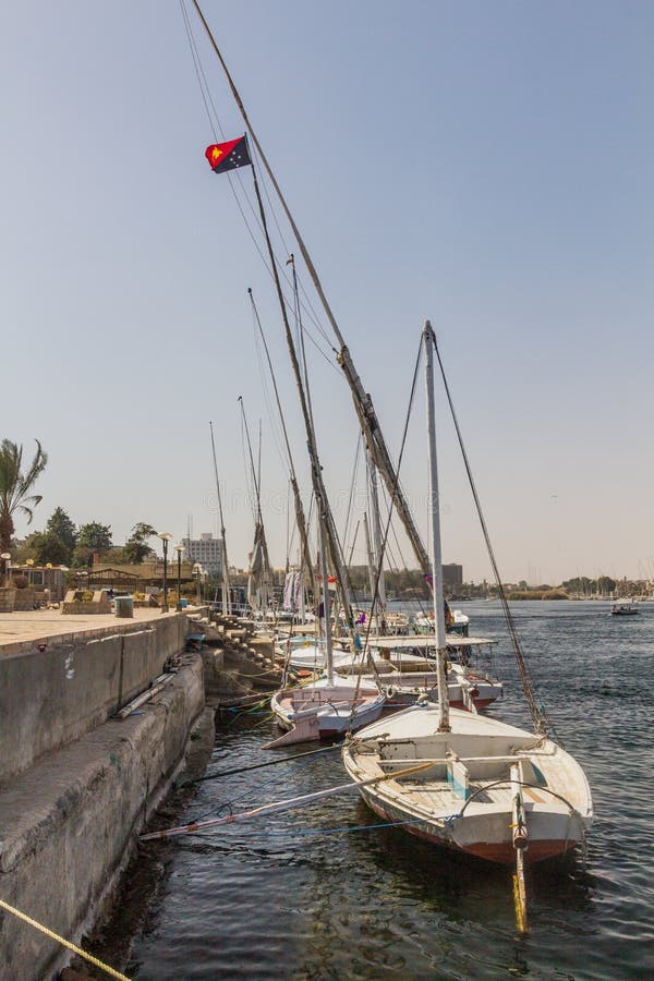 Felucca Sail Boats at the River Nile in Aswan, Egy Stock Photo - Image ...