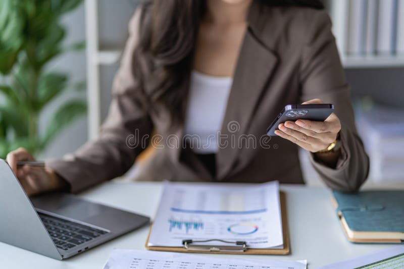 Female Accountant Analyzing Charts, Graphs, Computer, Investment Tablet ...
