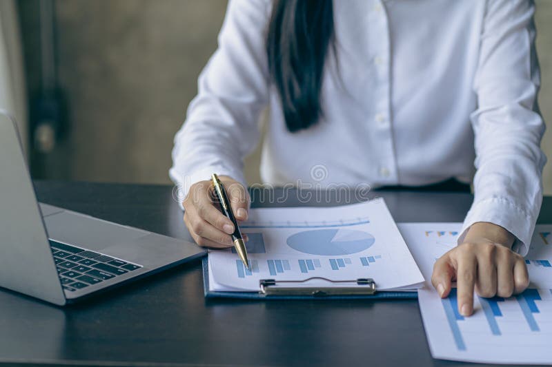 Female Accountant Analyzing Charts, Graphs, Computer, Investment Tablet ...