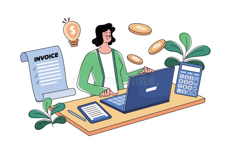 Female Accountant is Checking Invoices at Her Desk Stock Vector ...