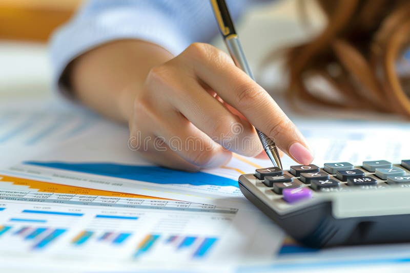 Female Accountant Using Calculator and Pen for Business Data ...