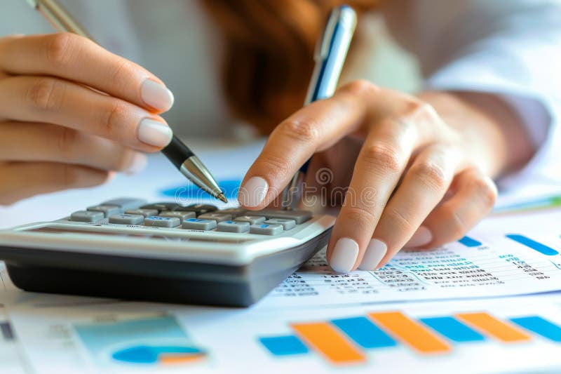 Female Accountant Using Calculator and Pen Counting Data for Accounting ...