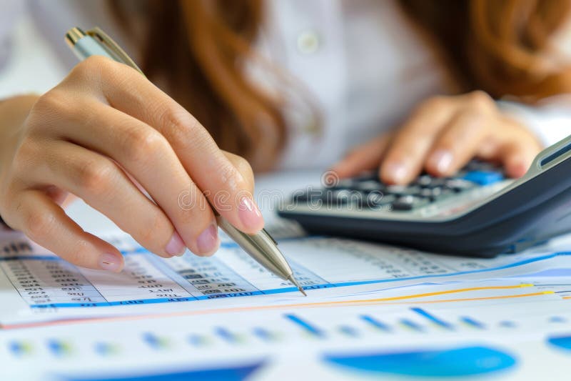 Female Accountant Using Calculator and Pen To Calculate Business Data ...