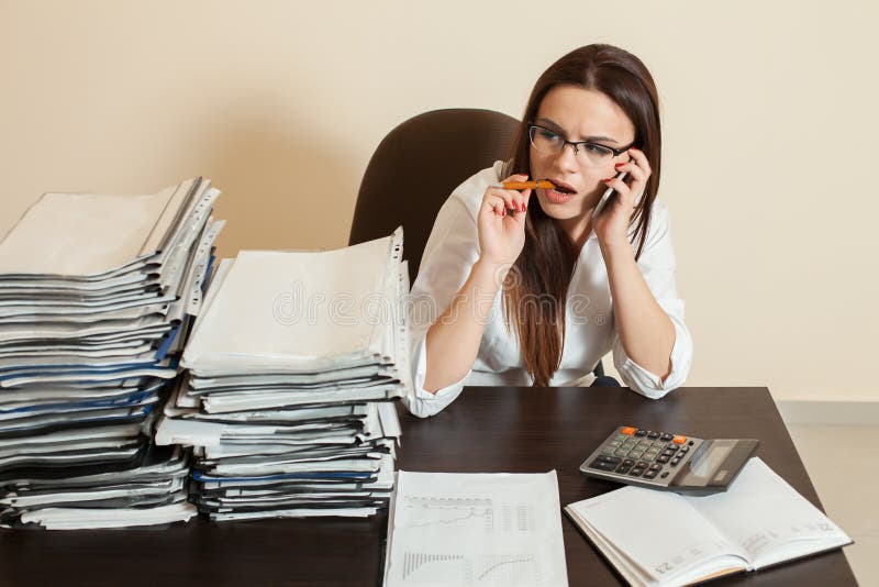 Female Accountant Using Cell Phone at Workplace Stock Photo - Image of ...