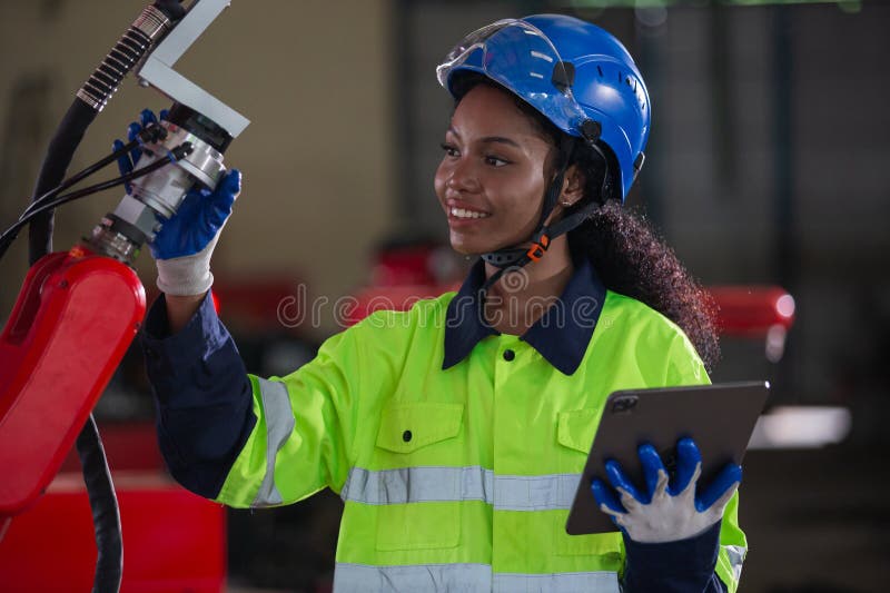 Female African Technician Modern Factory, Technical of Robot Operation ...