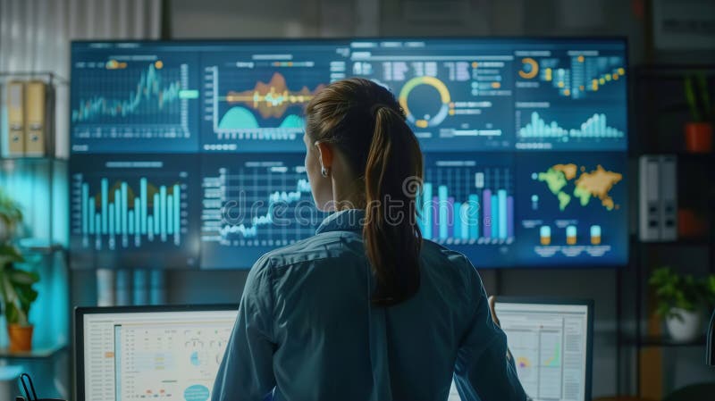 Female Analyst Studying Financial Charts on Multiple Computer Screens in Modern Office Setting ...