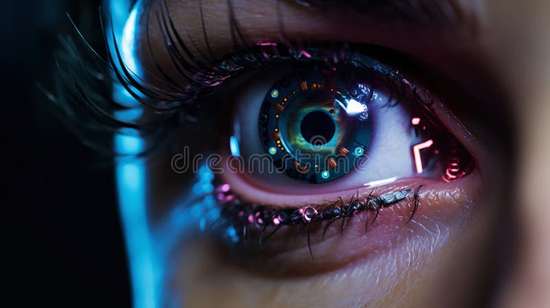 Female Android Robot Eye Close Up. Digital Iris of Cyber Woman. Bionic ...