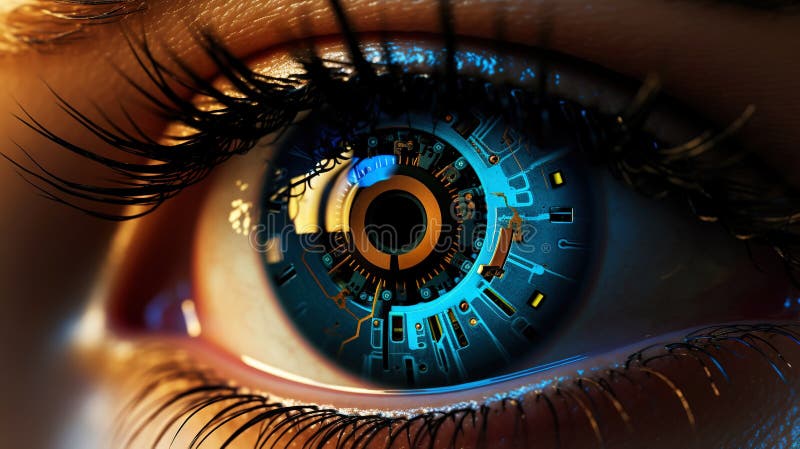 Female Android Robot Eye Close Up. Digital Iris of Cyber Woman. Bionic ...