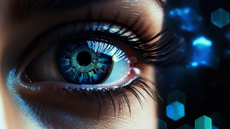 Female Android Robot Eye Close Up. Digital Iris of Cyber Woman. Bionic ...