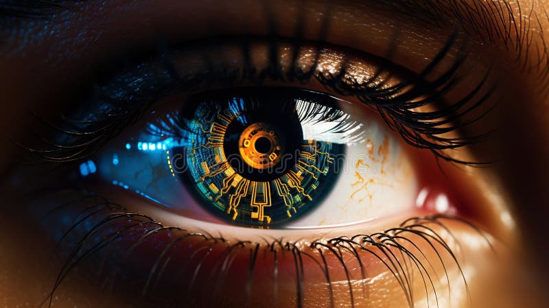 Female Android Robot Eye Close Up. Digital Iris of Cyber Woman. Bionic ...