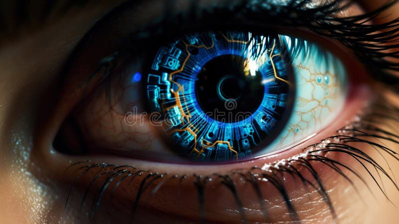 Female Android Robot Eye Close Up. Digital Iris of Cyber Woman. Bionic ...