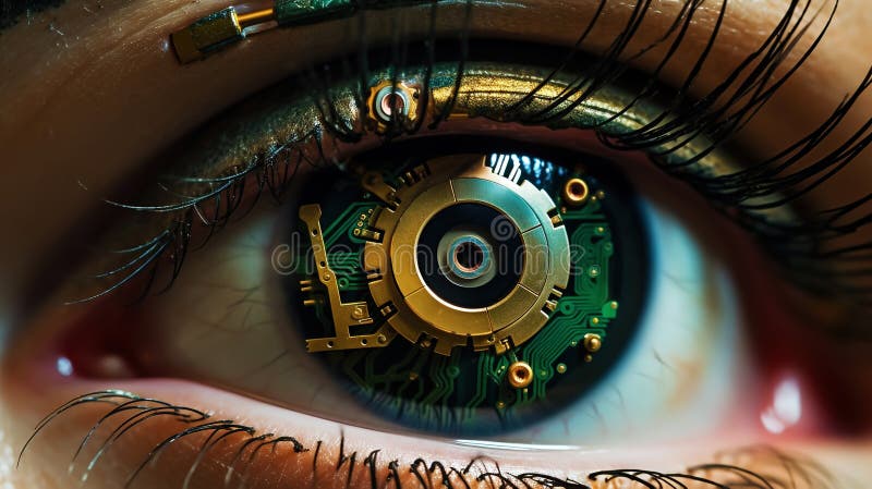 Female Android Robot Eye Close Up. Digital Iris of Cyber Woman. Bionic ...