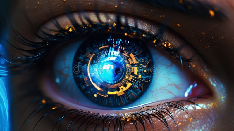 Female Android Robot Eye Close Up. Digital Iris of Cyber Woman. Bionic ...