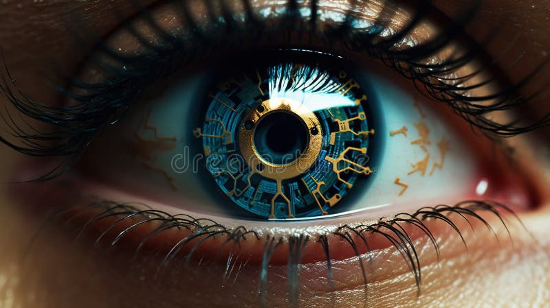 Female Android Robot Eye Close Up. Digital Iris of Cyber Woman. Bionic ...