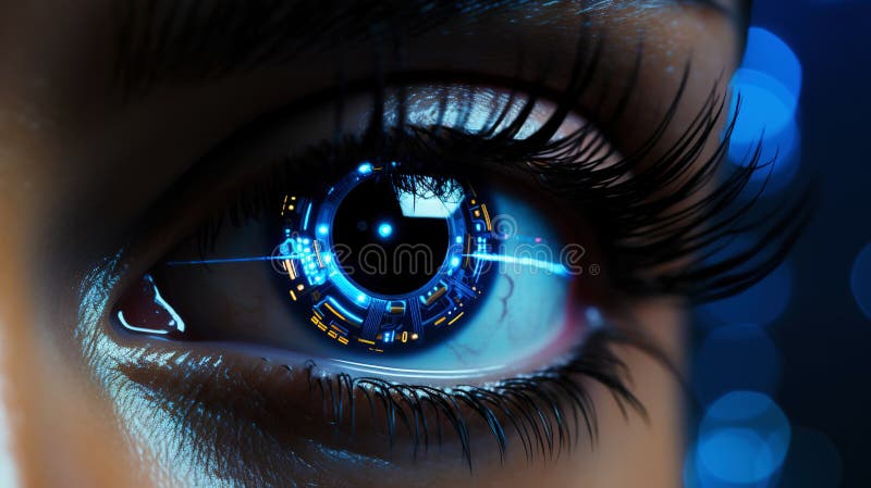 Female Android Robot Eye Close Up. Digital Iris of Cyber Woman. Bionic ...