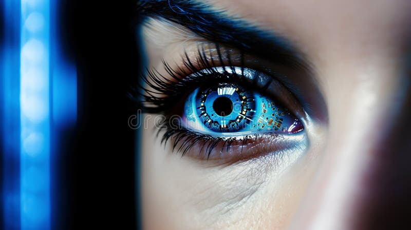 Female Android Robot Eye Close Up. Digital Iris of Cyber Woman. Bionic ...
