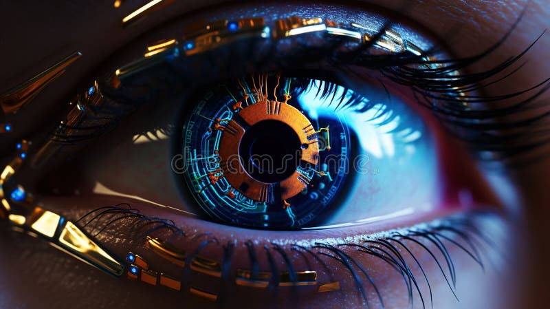 Female Android Robot Eye Close Up. Digital Iris of Cyber Woman. Bionic ...