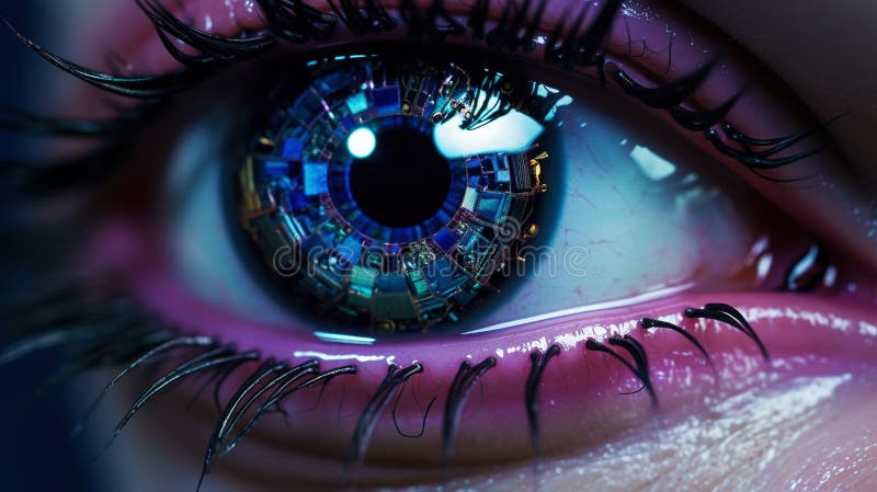 Female Android Robot Eye Close Up. Digital Iris of Cyber Woman. Bionic ...
