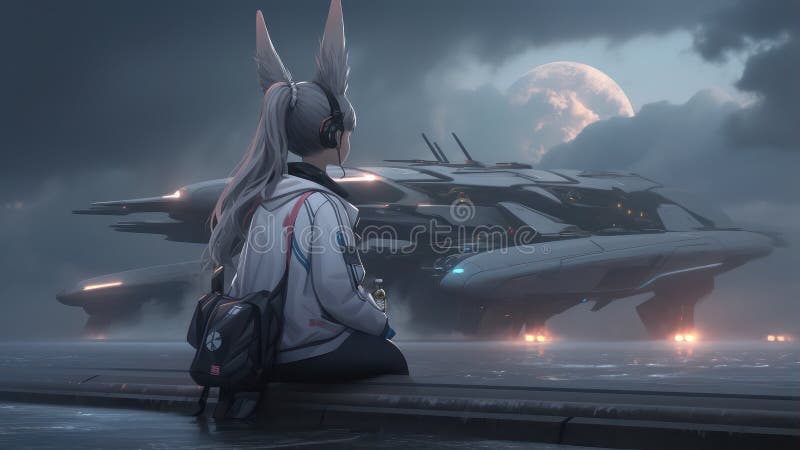 Female Anime Character Sitting Down and Looking at the Horizon Stock ...