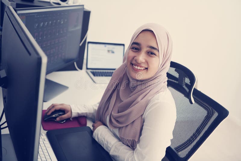 Arabic Creative Professional Working at Home Office on Desktop Computer ...