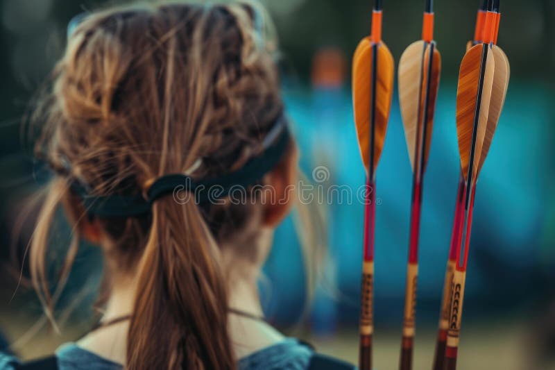 Female Archer Preparing for Archery Competition with Arrows in Focus ...