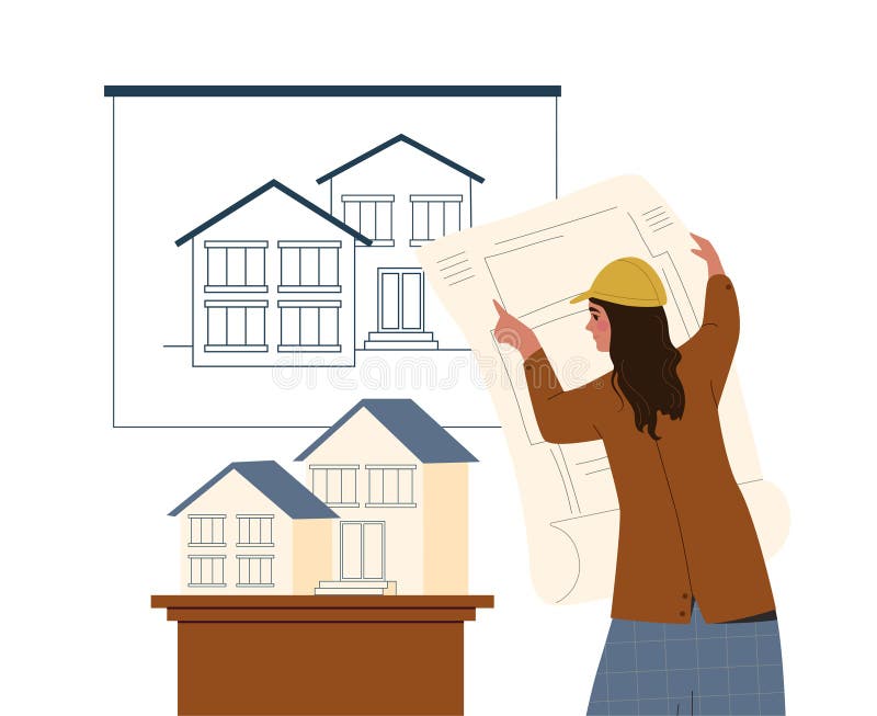 Female Architect Checking House Plans. Vector Illustration Stock ...