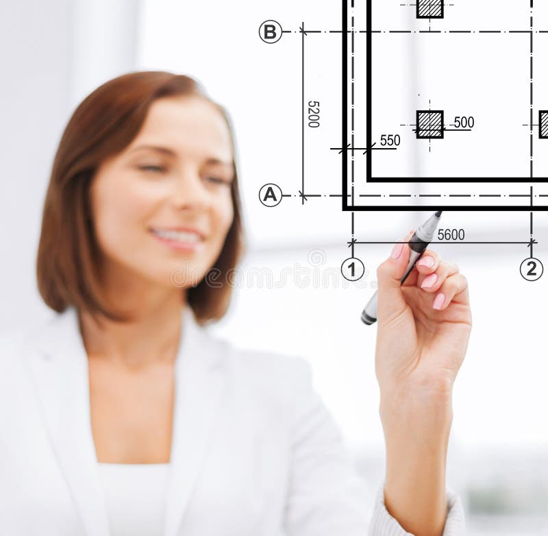 Female Architect Drawing Blueprint Stock Image - Image of pretty, girl ...