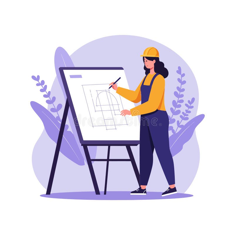 Female Architect Drawing on a Blueprint Board in Flat and Colorful ...