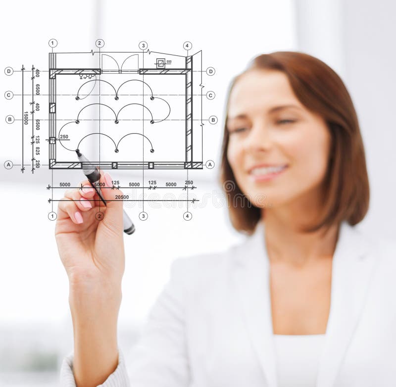 Female Architect Drawing Blueprint Stock Photo - Image of board ...