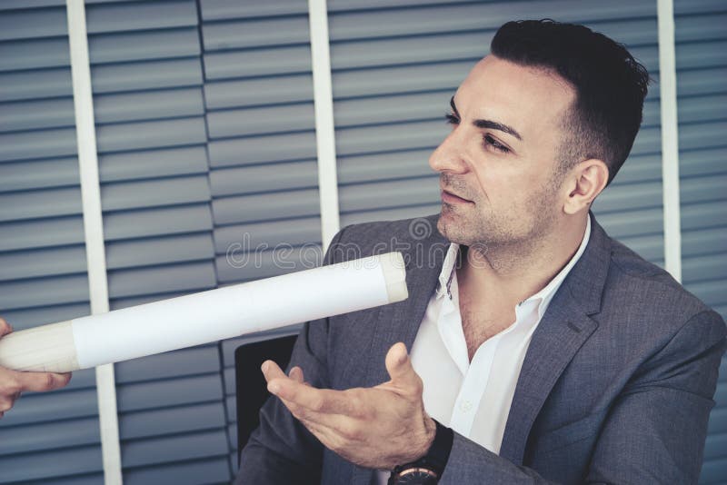 Female Architect Giving Her Boss the Real Estate Building Pla Stock ...