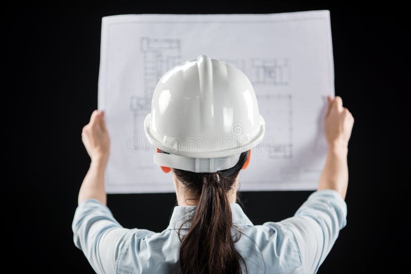 Female architect in helmet stock image. Image of site - 91782601