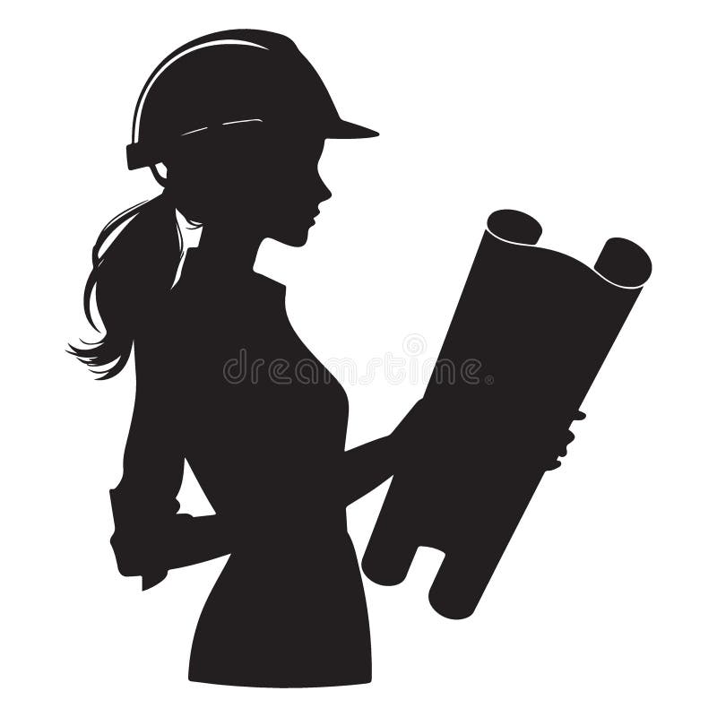 Female Architect Silhouette Examining Blueprint Design in Detail Stock ...