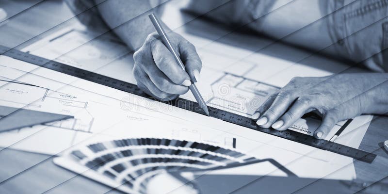 Female Architect Working on Blueprint, Geometric Pattern Stock ...