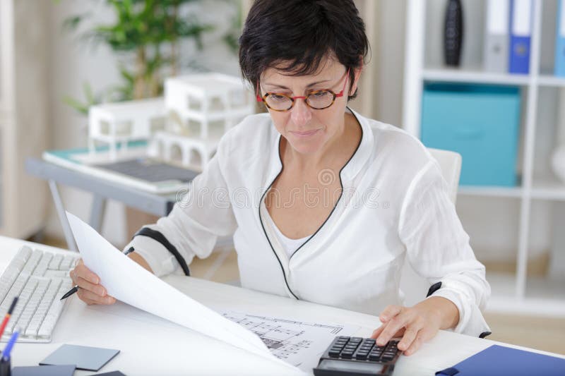Female Architect Working with Computers and Drawing Tools Stock Image ...