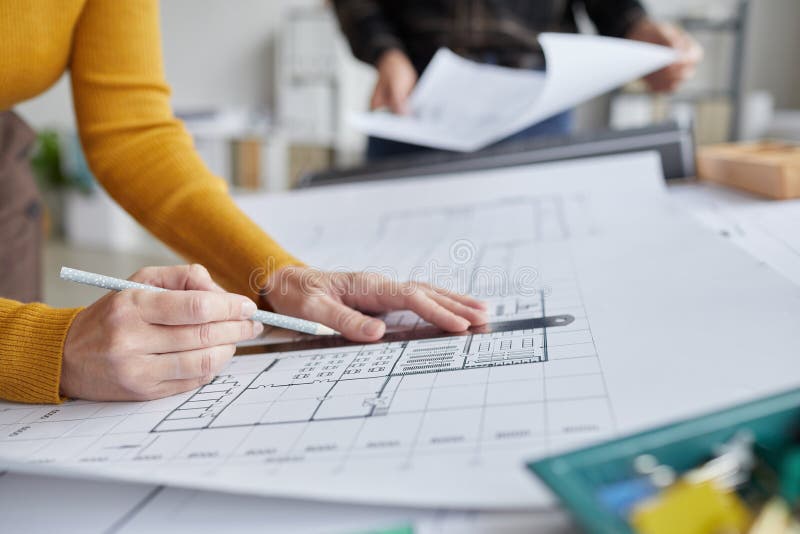 Female Architect Working at Drawing Desk Closeup Stock Photo - Image of ...
